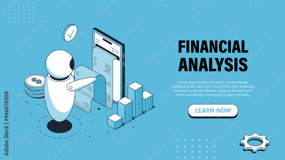 Isometric financial analysis bot poster. Internet bot with bills at ...