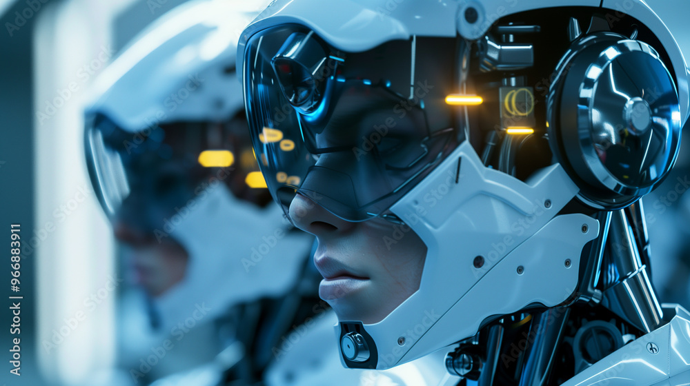 Humanoid robots wearing futuristic helmets in a high-tech environment ...