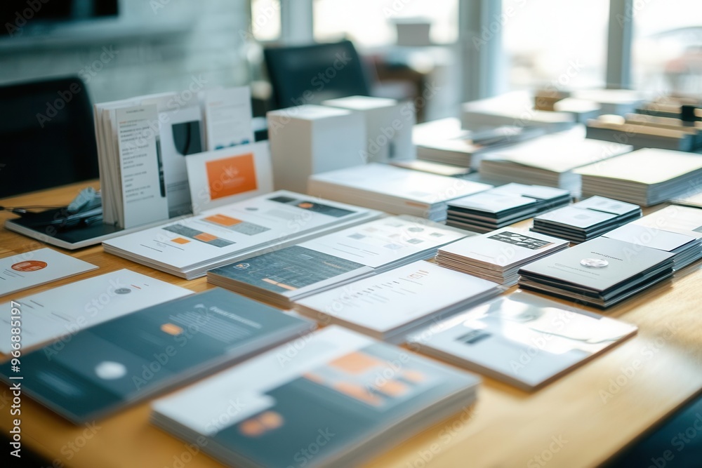 Printed product catalogs and marketing materials laid out on a ...