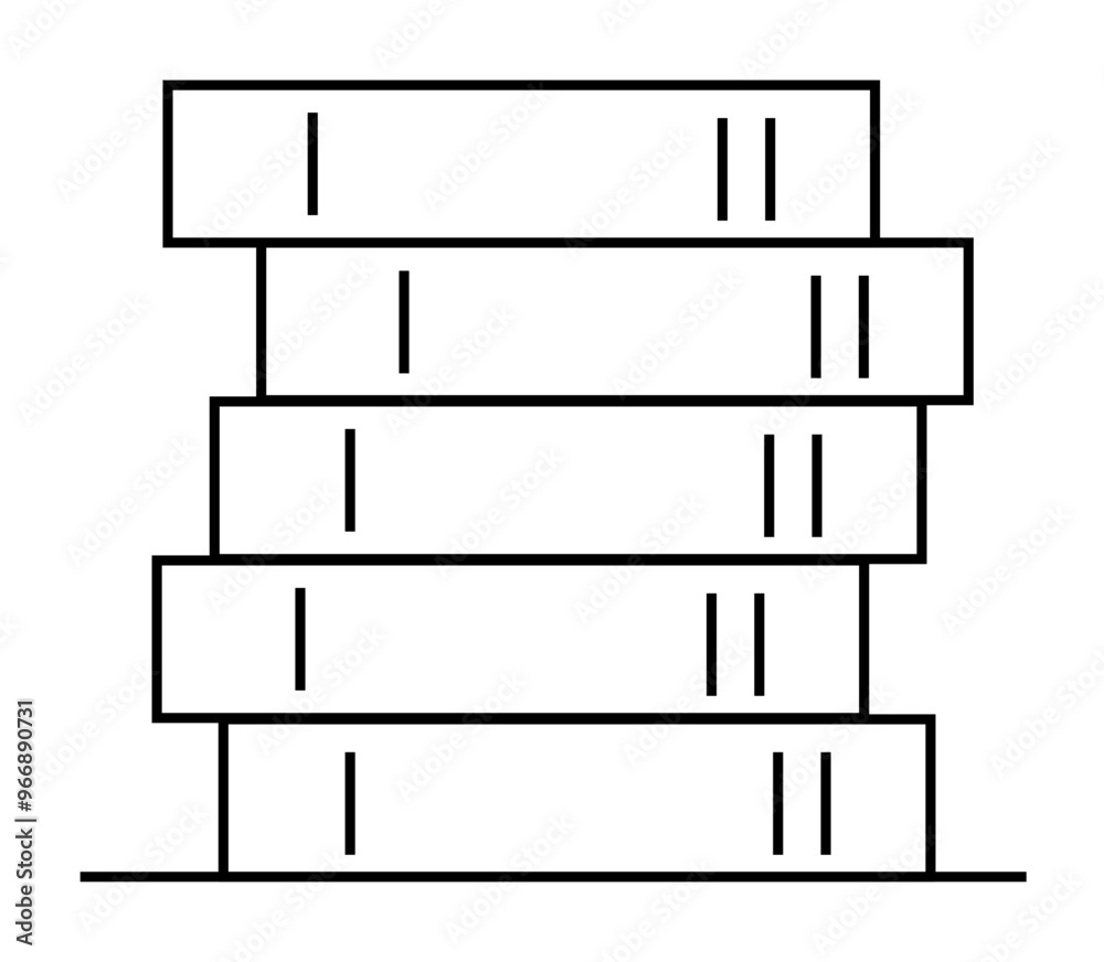 Black outline drawing of five stacked books on a white background ...