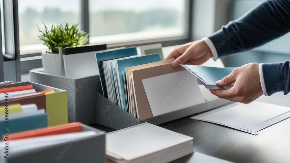 Hands organizing branded marketing materials on a coworker s desk ...