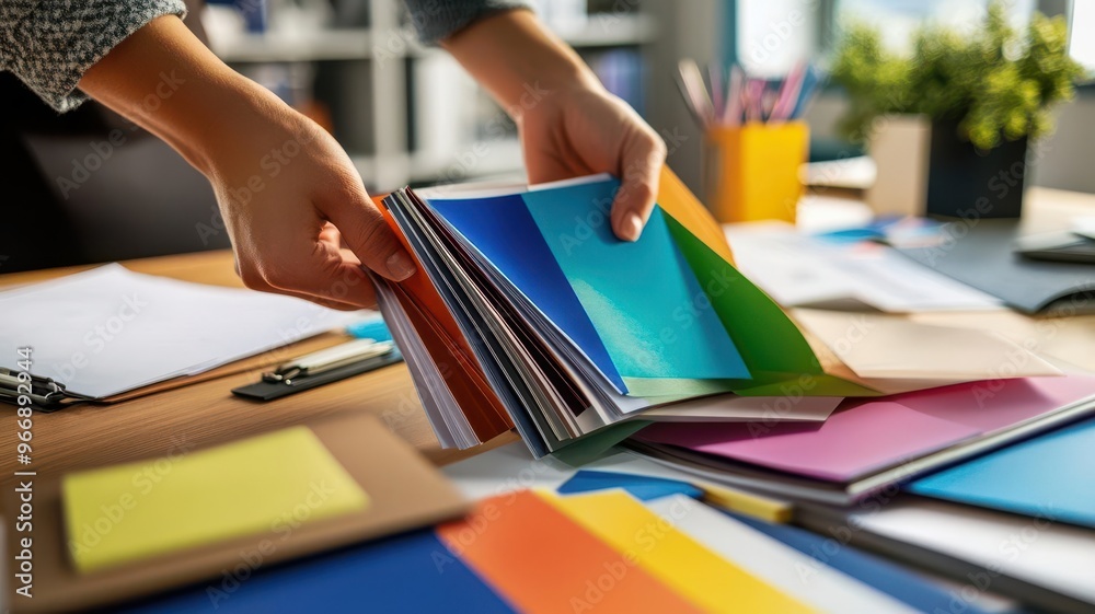 Hands organizing branded marketing materials on a coworker s desk ...