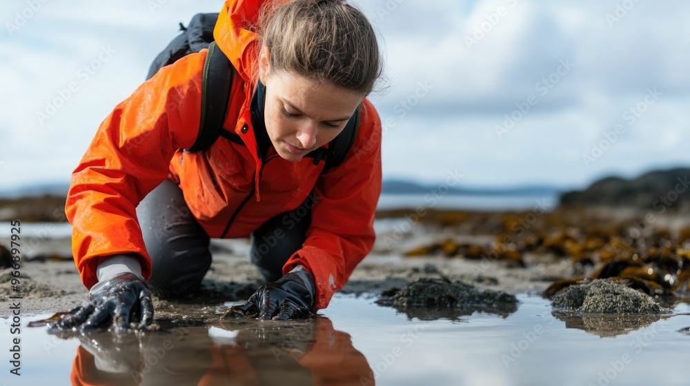Biologist studying and examining the diverse marine life within a ...