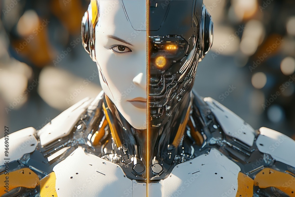 Neural neuron and data half human half robot warrior with intense stare ...