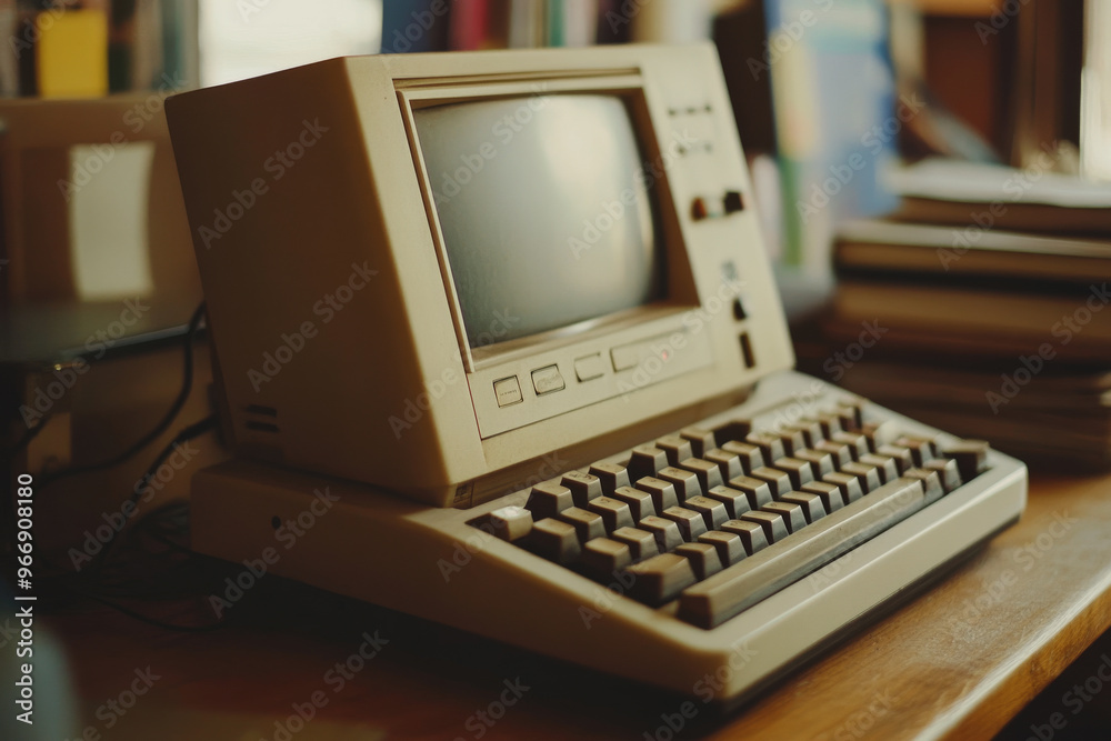 Retro desktop computer from 1980s with CRT monitor and keyboard. Early ...