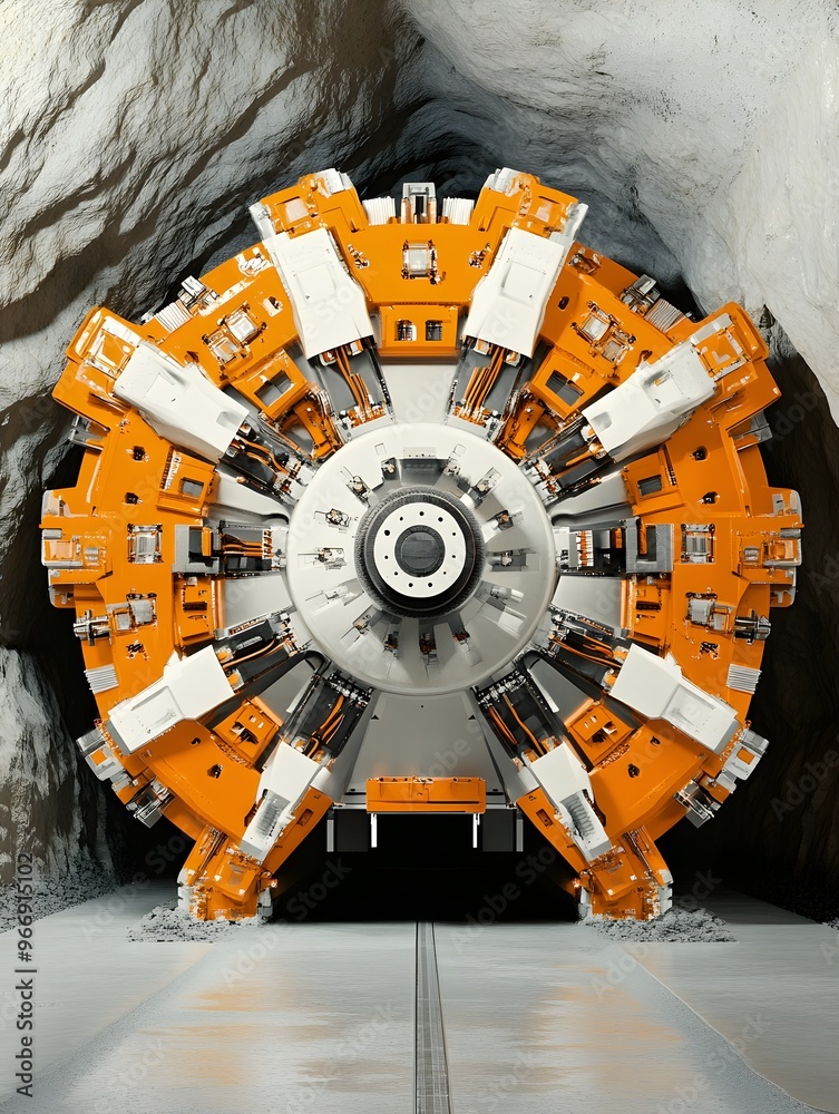 The front view of a tunnel boring machine’s cutter head shows it ...