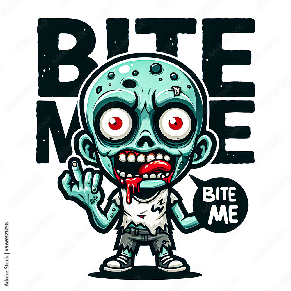 A cheeky zombie with its mouth open and the phrase “Bite Me” in bold ...