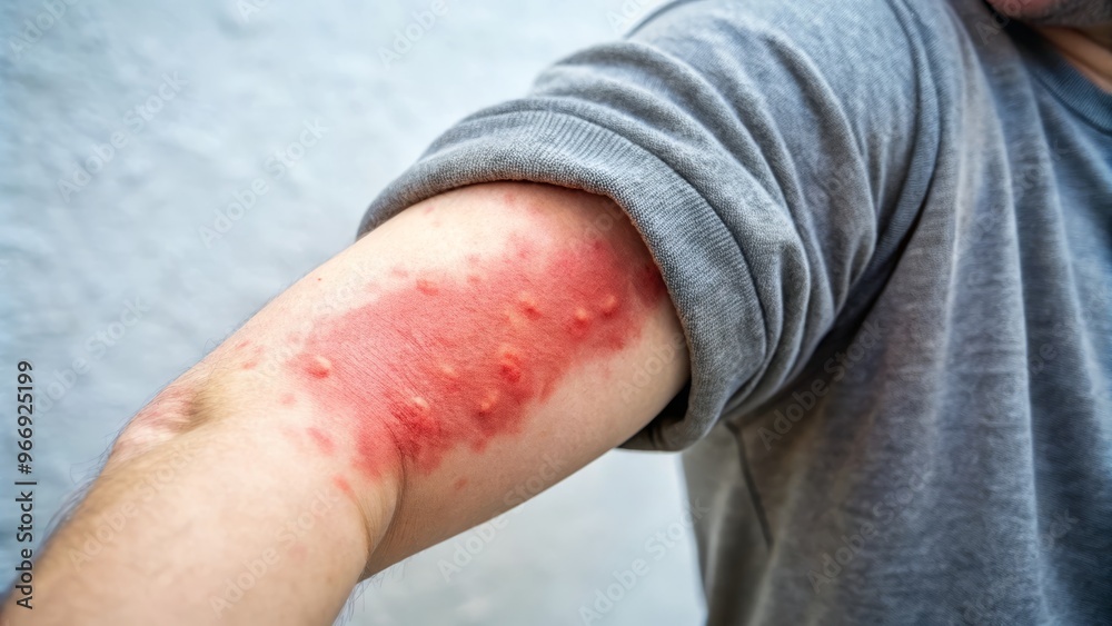 Irritated skin on this person's arm is red, dry, and flakes with a ...