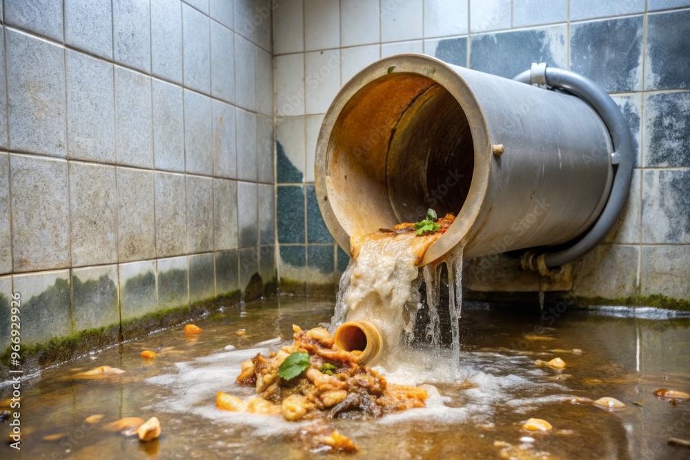 "Concrete pipe clogged with soap scum, hair, and food scraps, water ...