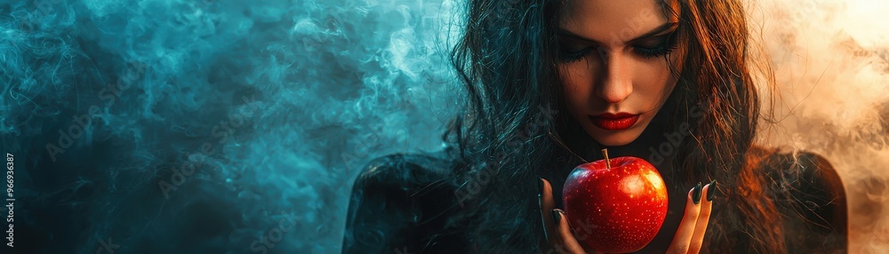 Spooky Halloween cosplay of a woman as a witch in black, holding a red ...