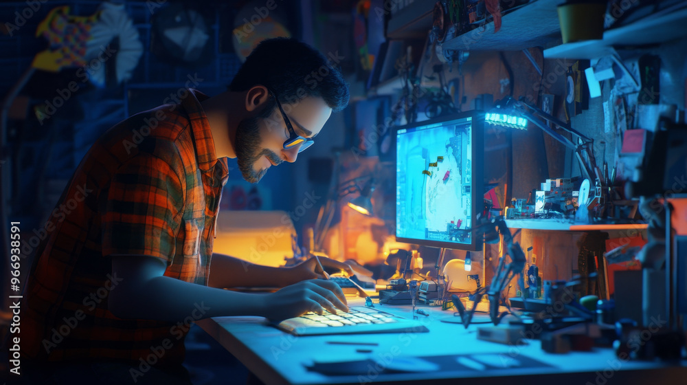 Animator using 3D software to build a detailed animated scene Stock ...