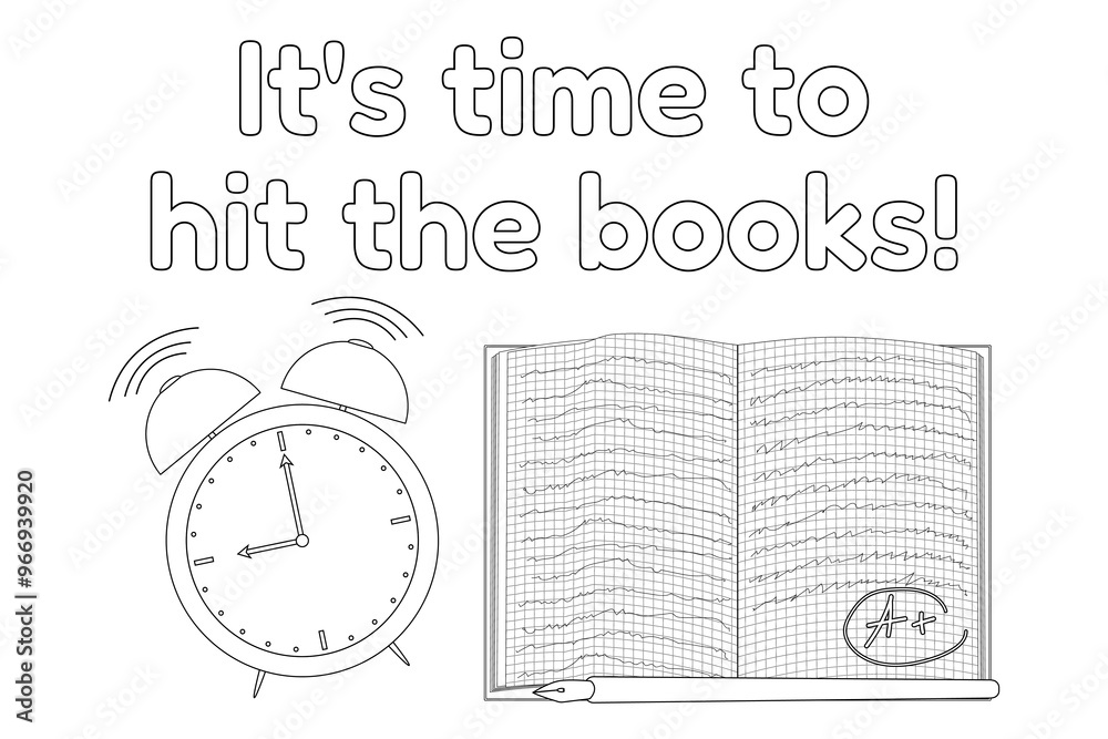 Fun back-to-school coloring page with an alarm clock, an open book, and ...