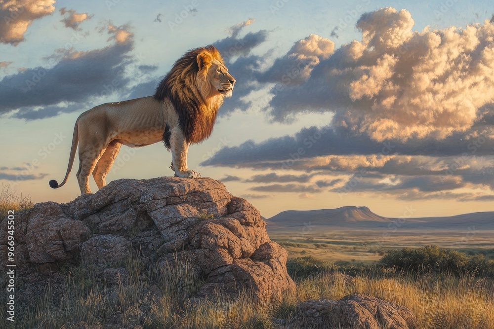 In the fading light of the day, a lone lion stands atop a rocky outcrop ...