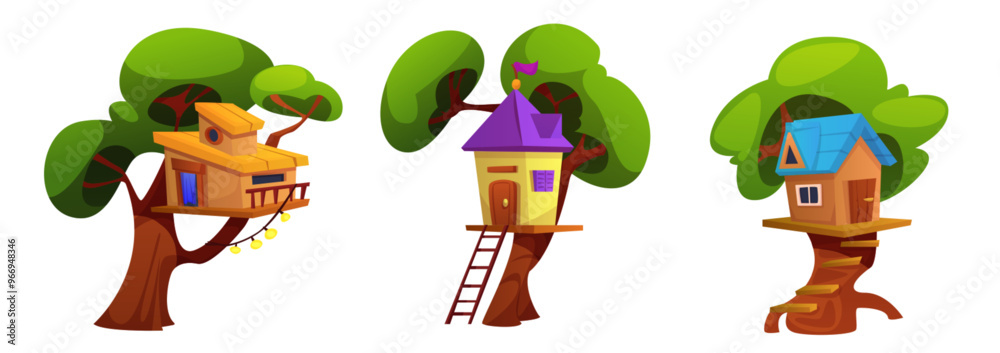 Summer treehouses set isolated on white background. Vector cartoon ...