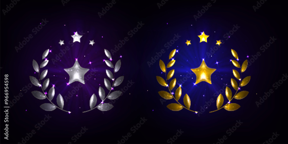 Gold and silver award trophy emblem with laurel wreath and glow effect ...