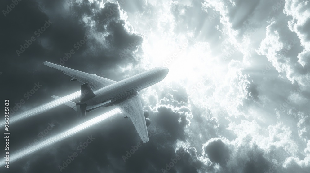 Plane in flight with white-light grey speed streaks, soaring across a ...