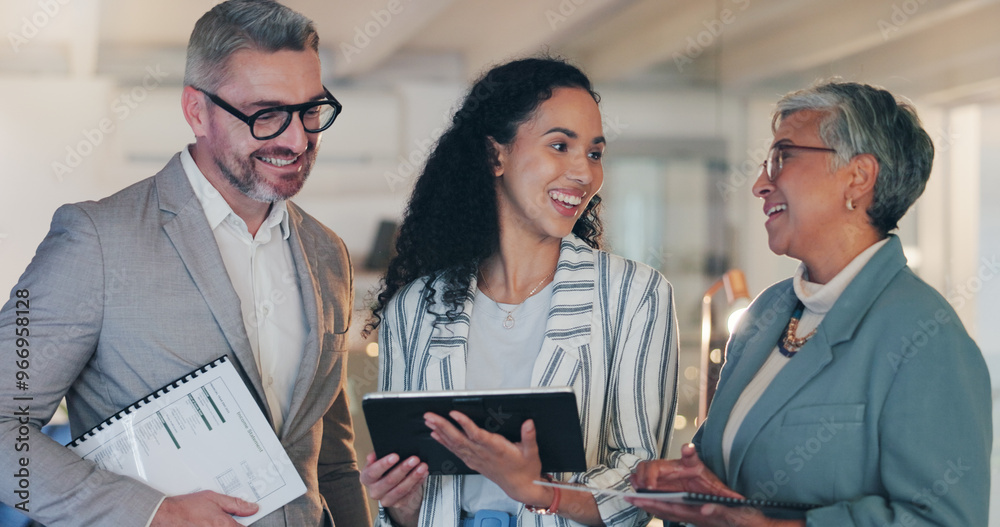 Office, support and business people with tablet, advice and ideas for ...