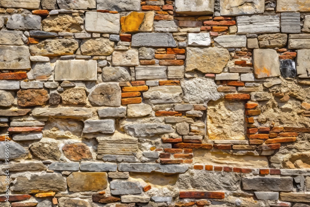 Weathered grey masonry exterior wall with crumbling mortar joints, worn ...