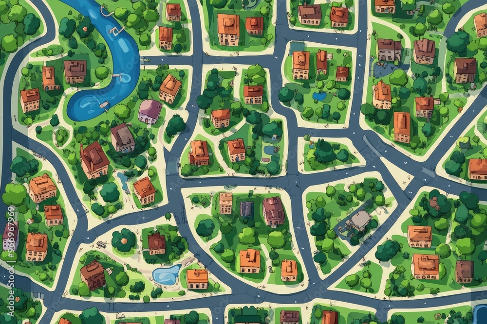 High resolution 2D cartoon style city map illustration featuring ...
