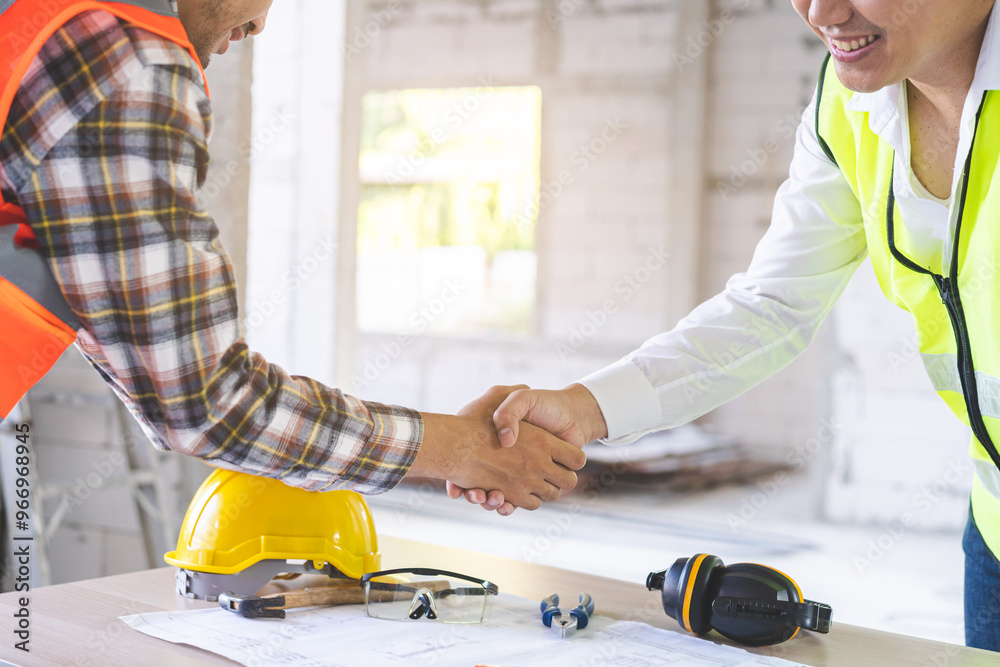 Engineer team building, teamwork contractor asian young man partnership ...