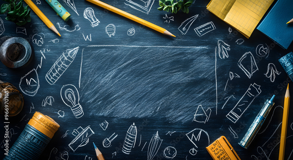 “Chalkboard Background with Doodles of Pencils, Notepads, and ...