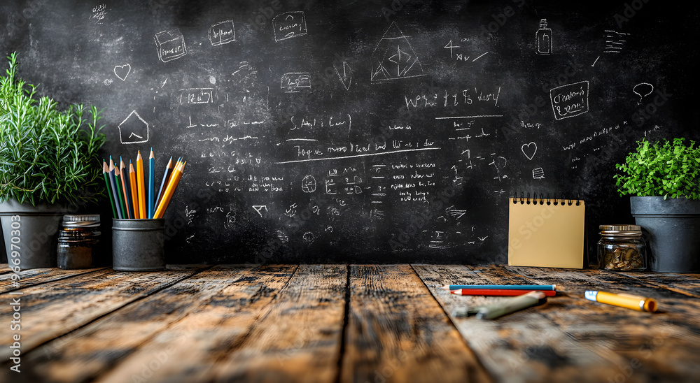 “Chalkboard Background with Doodles of Pencils, Notepads, and ...