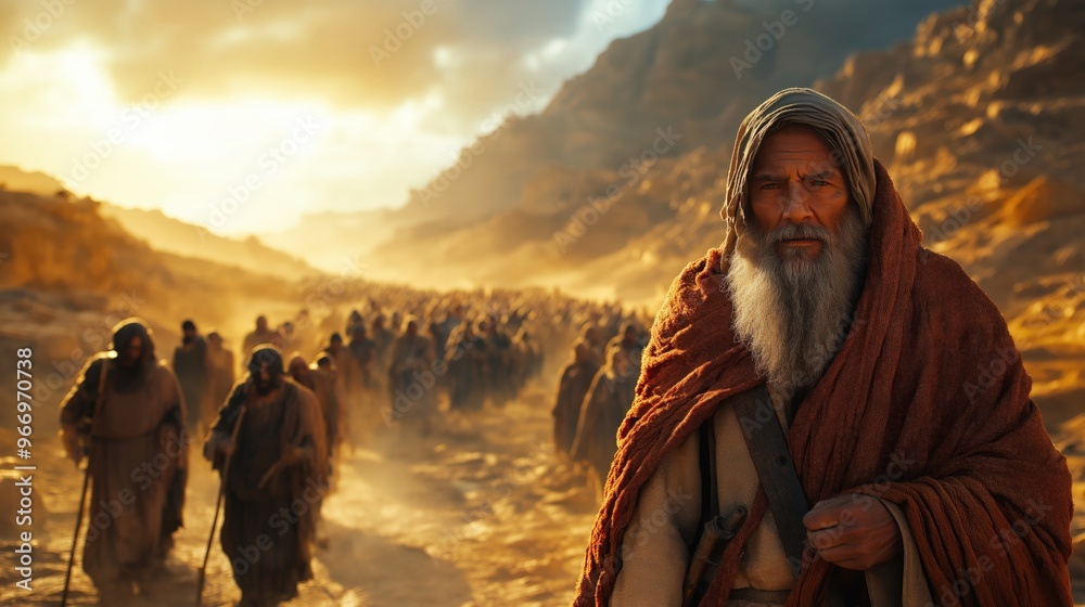 Moses Leading the Israelites Through the Barren Wilderness, Holding His ...