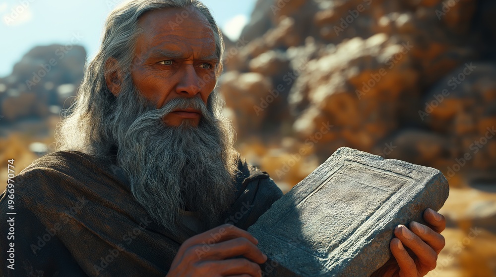 Moses Holding the Ten Commandments in Both Hands, Rugged Desert ...