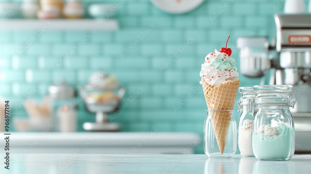 Vintage ice cream parlor counter with jars of ice cream and waffle ...