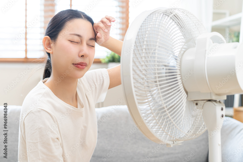 Suffer summer heat wave stroke, hot weather, tired asian young woman ...