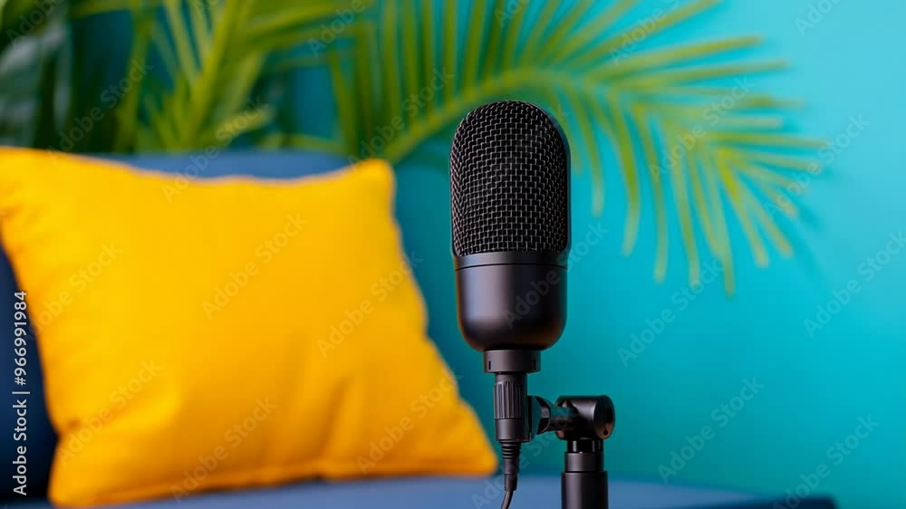 A black microphone on a modern, colorful sofa setup with green plants ...