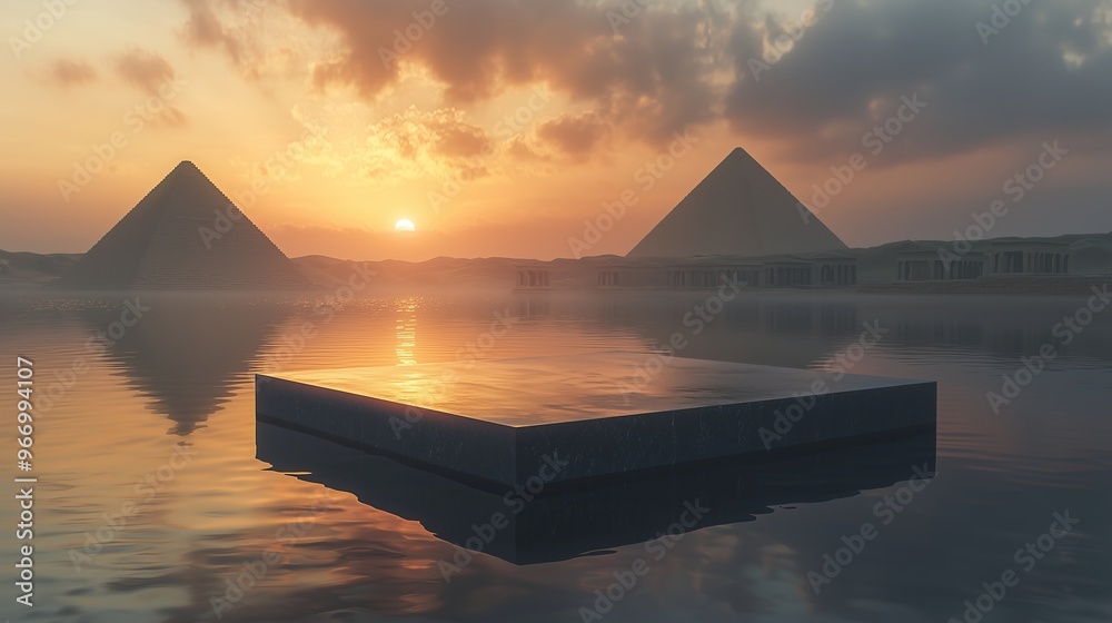 A sleek metallic 3D podium floating in front of the Nile River, with ...