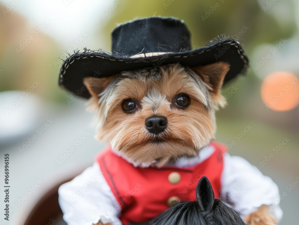 Yorkshire terrier dressed as a cowboy riding a tiny hobby horse, cowboy ...