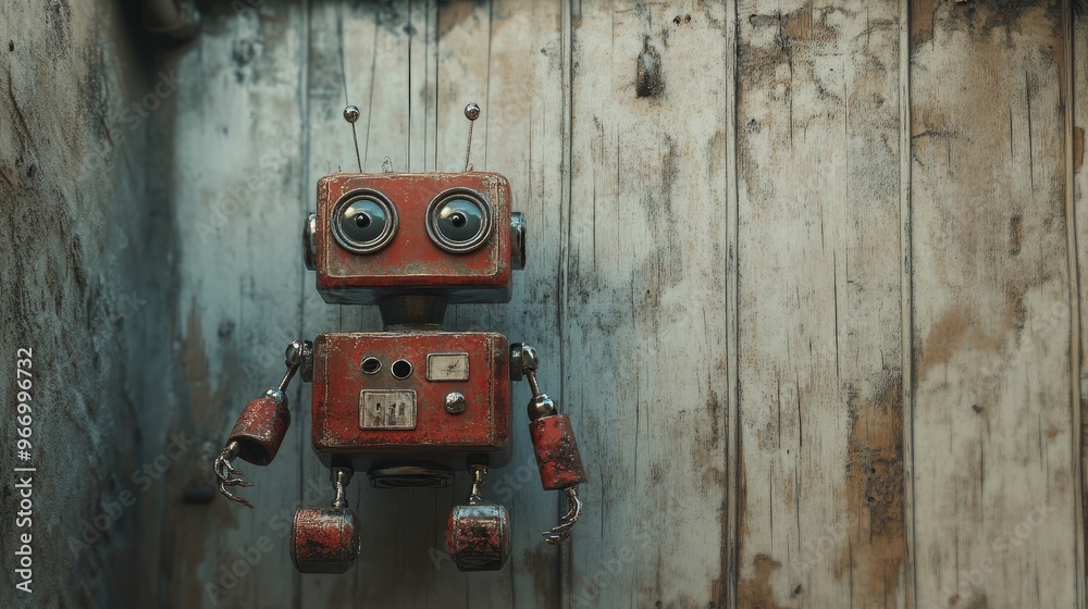 A robot hanging string art on the wall of a country house, with simple ...