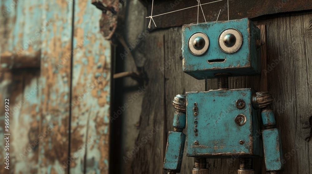 A robot hanging string art on the wall of a country house, with simple ...