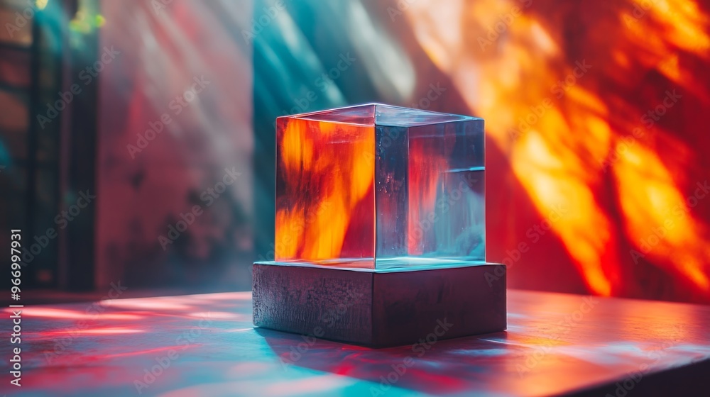 Transparent glass cube with refracted light beams, futuristic vibe ...
