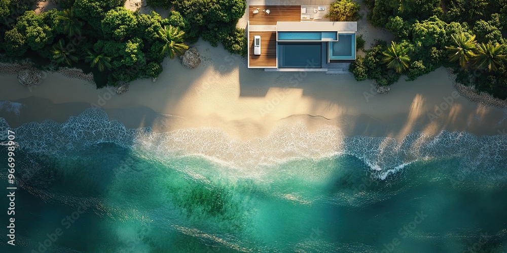 top view modern blue beachside modern house on a pristine beach with ...