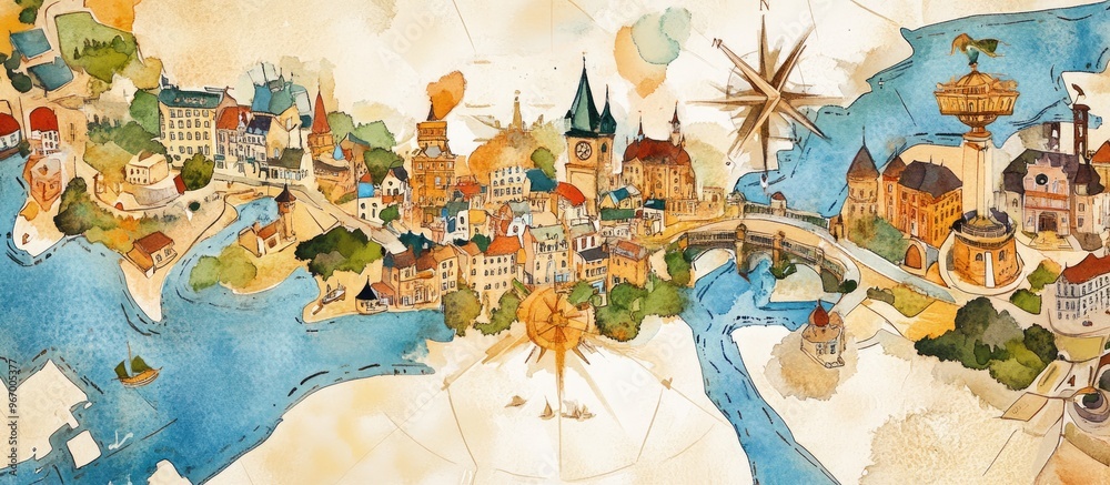 Watercolor map illustration featuring a town name on an atlas style ...