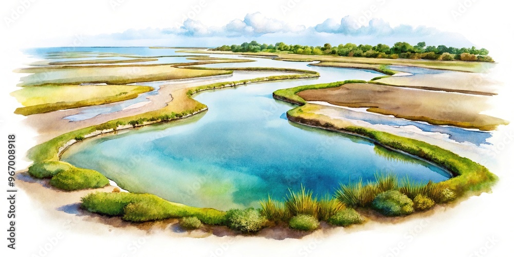 Tilted angle estuaries visualized with blending watercolor fresh and ...
