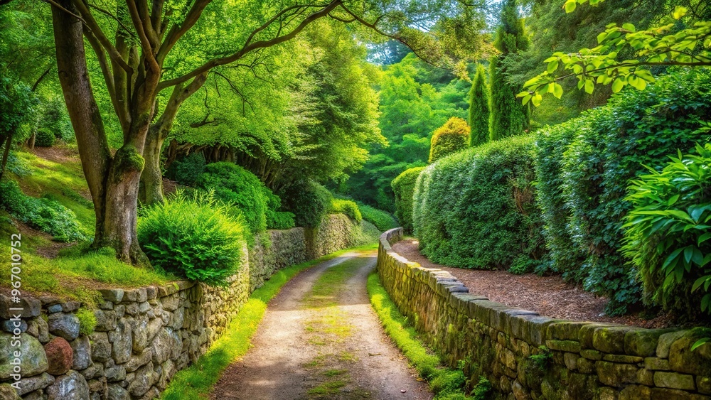 Tilted angle path lined with green trees and bushes next to a stone ...