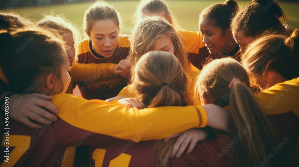Diverse women's soccer team huddled in unity before the game, leaning ...