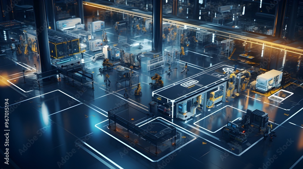 Interconnected Smart Factory Floor with Robotic Arms and IoT Sensors in ...