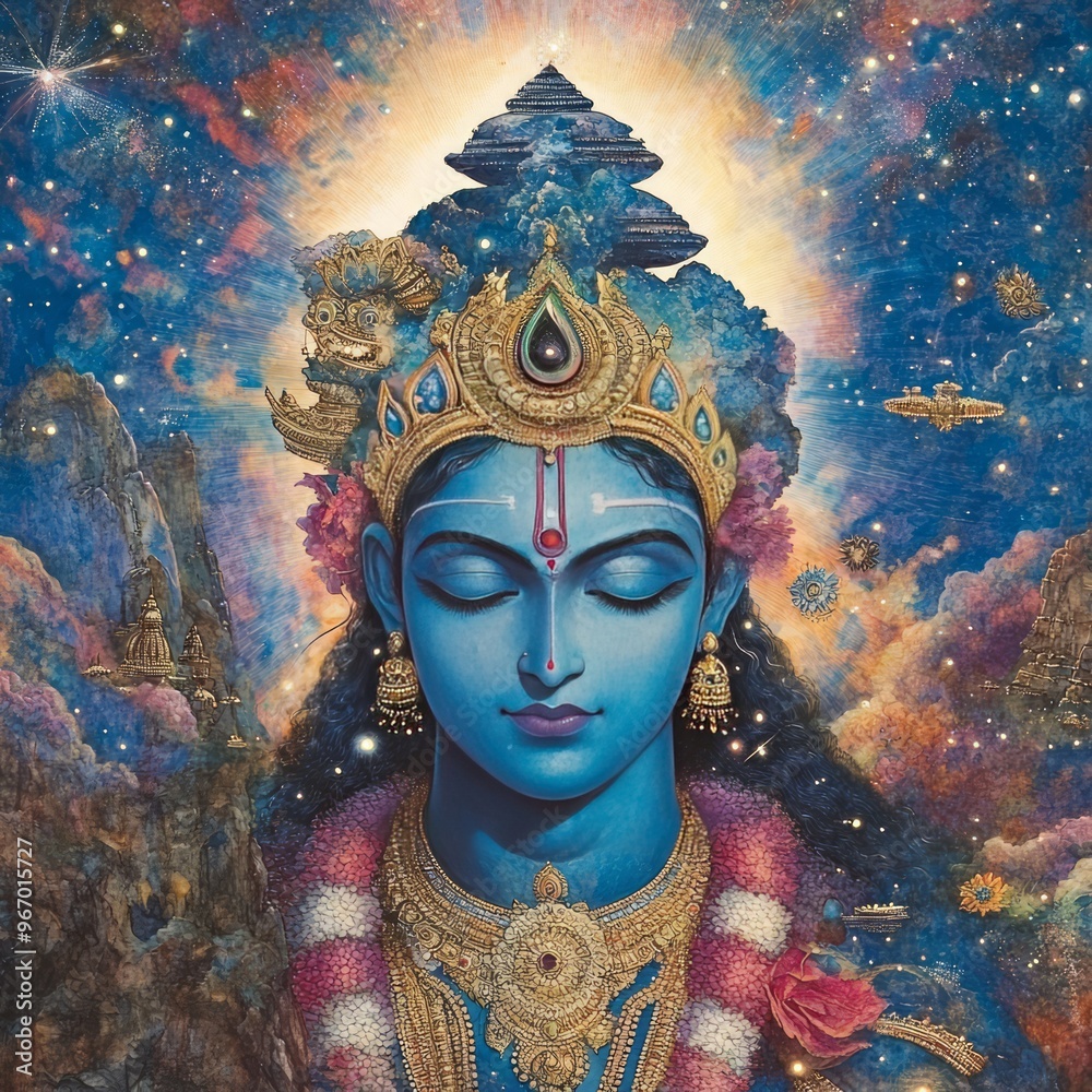 A depiction of the Hindu deity Vishnu with a serene expression, adorned ...