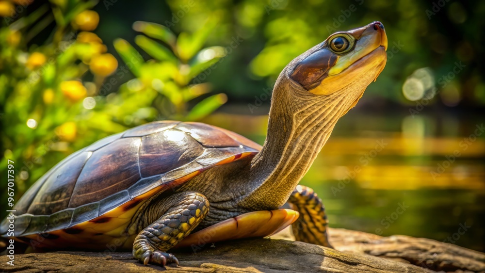 Basking in the sun's warmth, the turtle's long neck extends, its shell ...