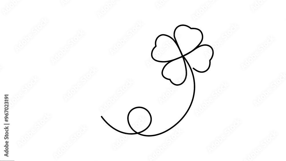 Animated continuous single line drawing of 4 leaf clover, One green ...