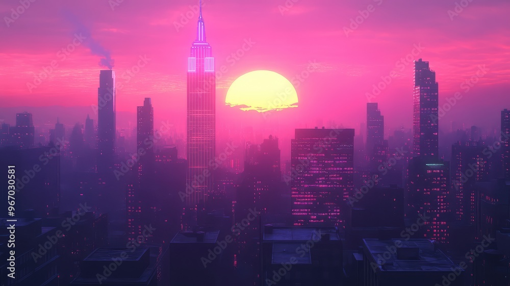 80s retro art New York sunset, dark skyscrapers framing a soft pastel ...