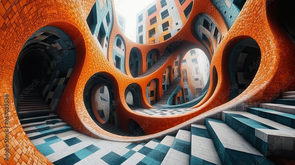 52. A surreal architectural composition with twisting buildings and ...