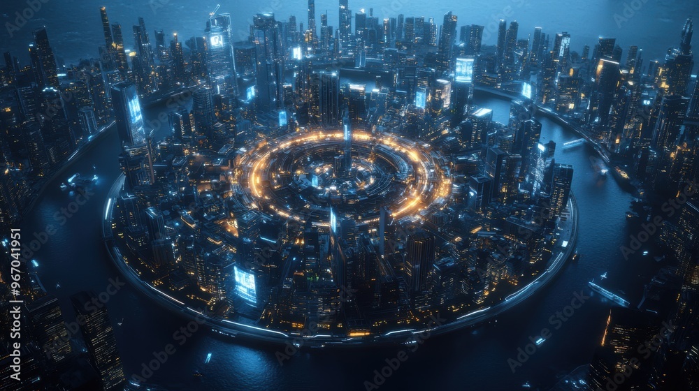 A futuristic circular city is designed around a massive central hub ...