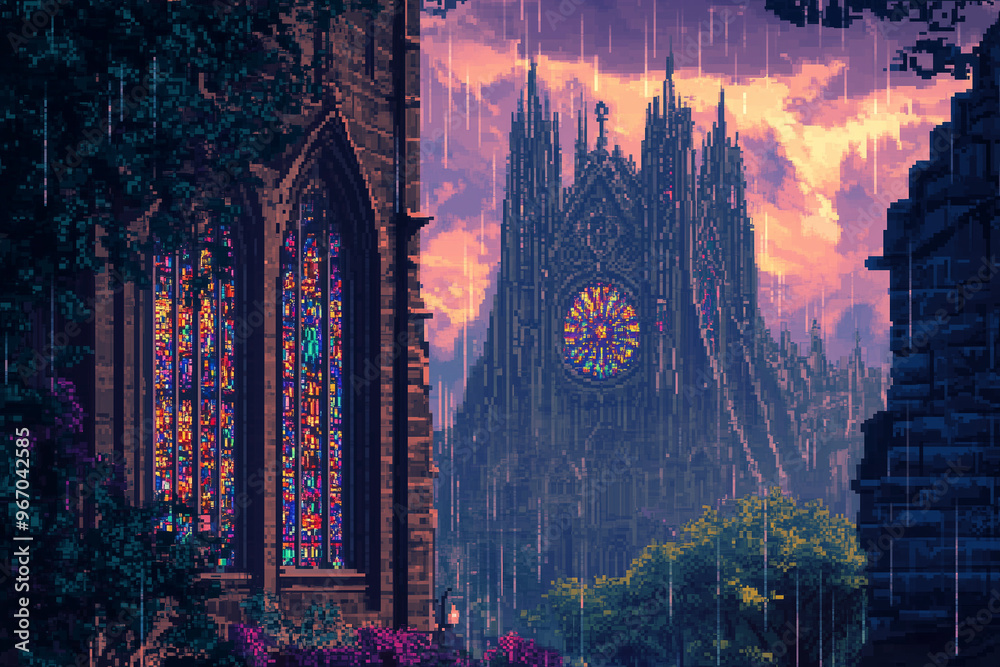 Pixel art of a Gothic cathedral showcasing intricate stained glass and ...