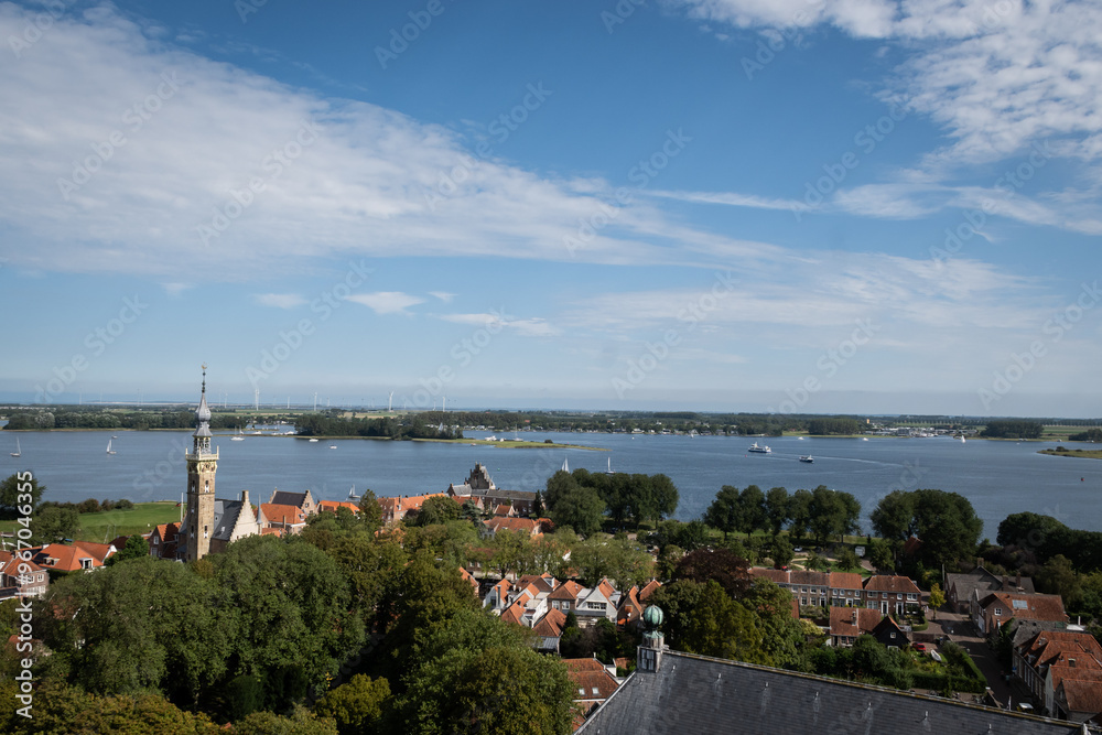 elevated view of Veere Zeeland. Town Hall stadhuis in Dutch shot from ...